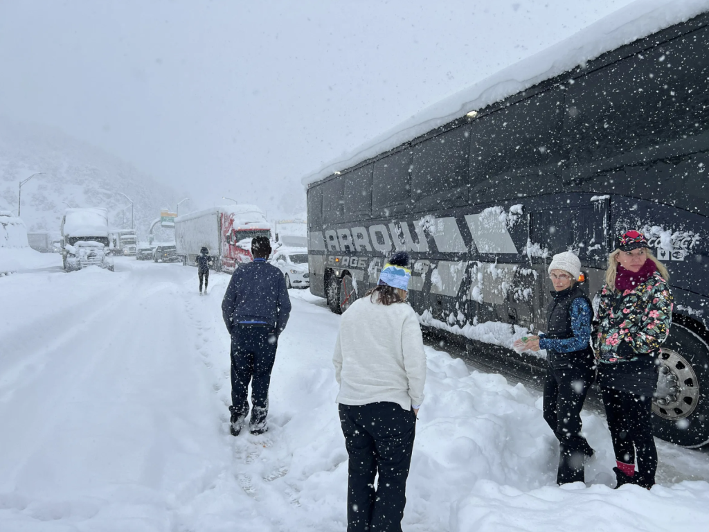 The wine and brownies are gone: 50 women trapped on ski bus for 16 ...
