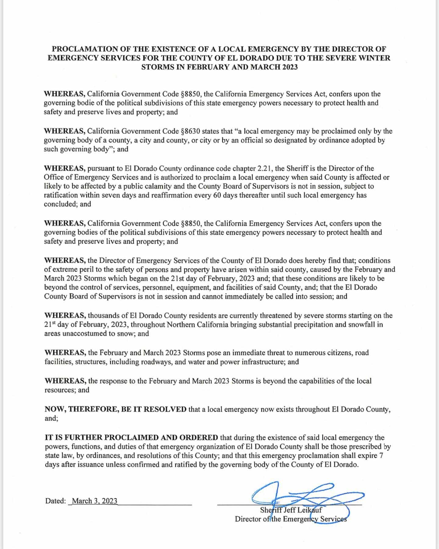 El Dorado County Sheriff proclaims local emergency for winter storms ...